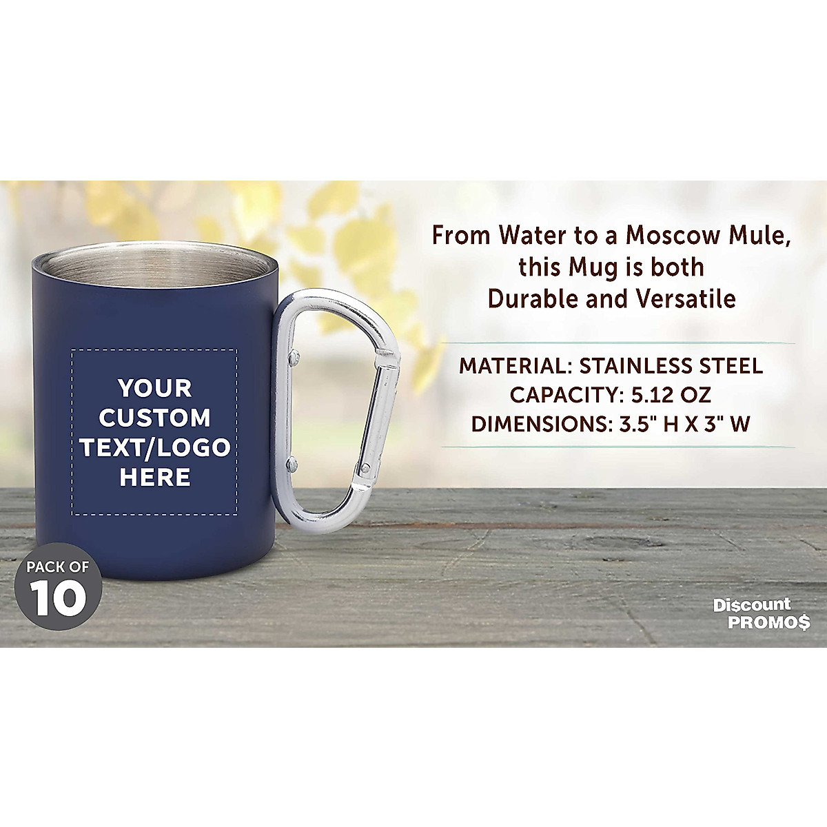 Custom Stainless Steel Mugs with Carabiner Handle 10 oz. Set of 10, Personalized Bulk Pack - Perfect for Coffee, Soda, Other Hot & Cold Beverages - Navy Blue