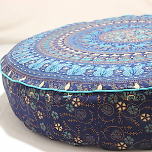 GDONLINE Indian Large Mandala Floor Pillow Comfortable Home Car Bed Sofa Large Mandala Floor Pillows Round Bohemian Meditation Cushion Cover Ottoman Pouf Cover Blue Color Round Pouf Cat Dog Bed