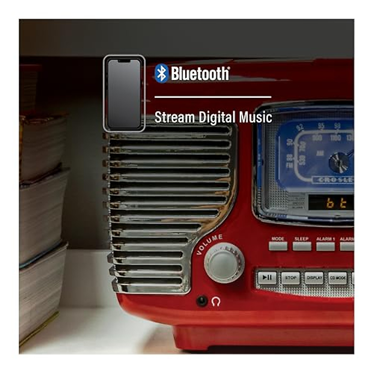 Crosley CR612B-RE Corsair Tabletop AM/FM Bluetooth Radio with CD Player and Dual Alarm Clock, Red