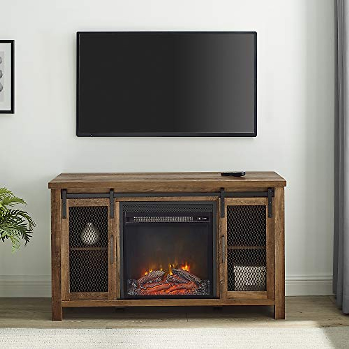 Walker Edison Tall Farmhouse Metal Mesh Barndoor and Wood Universal Fireplace TV Stand or TV's up to 55" Flat Screen Living Room Storage Entertainment Center, 48 Inch, Rustic Oak