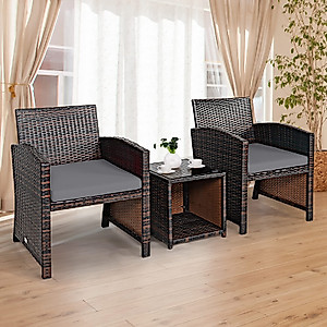 Tangkula 3-Piece Outdoor PE Rattan Furniture Set, Patio Conversation Set w/Chair & Storage Coffee Table, Detachable Cushion, Stable X-Shaped Frame, Perfect for Garden, Backyard, Poolside (Grey)