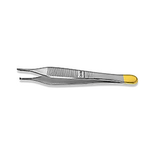Cynamed T/C Adson Plastic Surgery Forceps 4.75" Straight Fine Point with Tungsten Carbide Inserts Surgical Veterinary Instruments with Gold Handle (1X2 Teeth, Adson Tissue Forceps, TC)