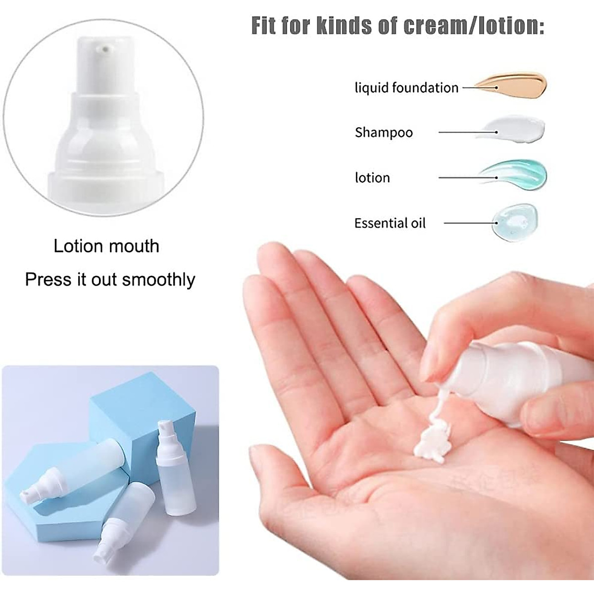 6PCS 50ml/1.6oz Empty Frosted Clear Airless Cosmetic Lotion Pump Bottles Refillable Travel Makeup Cream Foundation Container Dispenser Storage Vials for Liquid foundation Essential oil Shampoo