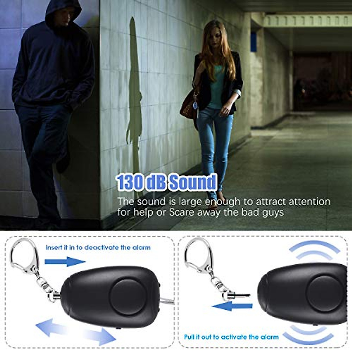 (Upgraded New Version) Safe Sound Personal Alarm, Rechargeable Emergency 130db Security Alarm Keychain Siren Song with 2 LED Lights, for Women, Men, Children, Elderly (3 Pack)