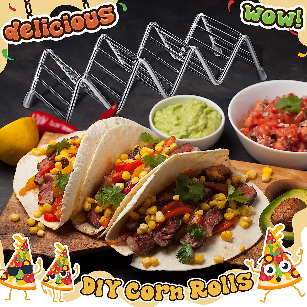 8 Pcs Taco Holders Set Stainless Steel Taco Holder Stand Shell Taco Stand Stackable Taco Plates for Taco Bar Gifts Accessories Rack, Holds 3 or 4 Hard Tacos for Baking as Truck Tray, Dishwasher Safe