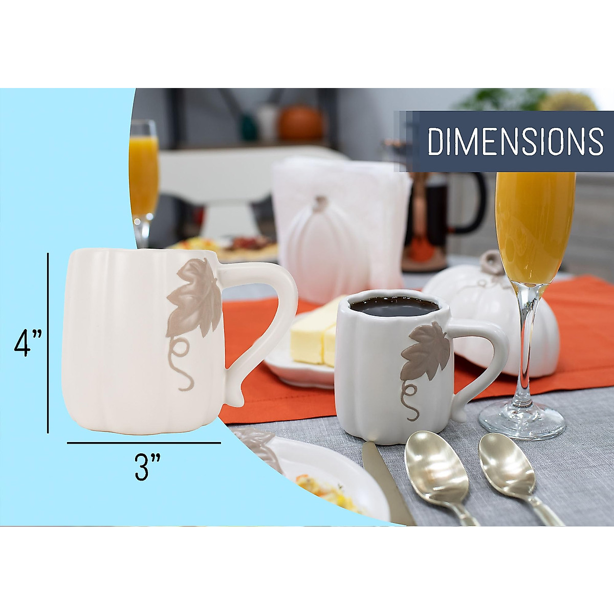 Nat & Jules Pumpkin Shaped 12 ounce Ceramic Coffee Mugs: Perfect for Halloween, Thanksgiving and Fall Kitchen & Home Collections - Set of 2, White