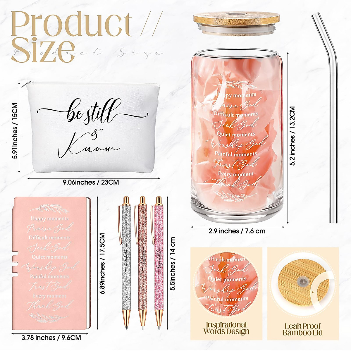 Spakon 6 Pcs Christian Gifts for Women Bible Verse A6 Leather Journal Notebook 16 oz Glass Cup Glitter Ballpoint Pen Makeup Bag Inspirational Gifts Sunday School Teacher Appreciation Day(Rose Gold)