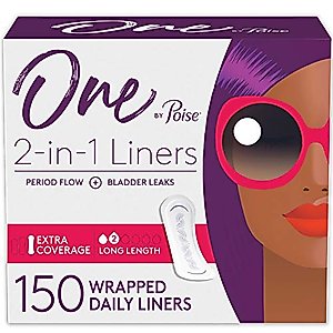 One by Poise Panty Liners (2-in-1 Period & Bladder Leakage Daily Liner), Long, Extra Coverage for Period Flow, Very Light Absorbency for Bladder Leaks, 150 Count (3 Pack of 50)