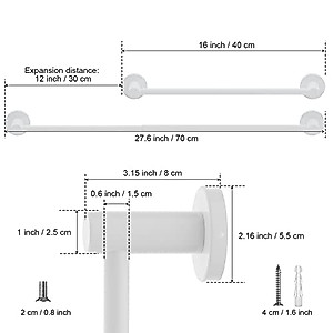 Adjustable Single Bath Towel Bar 16 to 27.6 Inch, ZUEXT Oil Rubbed White Stainless Steel Towel Holder Hanger,Expandable Wall Mount Towel Rail for Bathroom Kitchen,1" Tube Towel Rail Racks w/Hooks