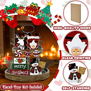 Guoofu Christmas Tiered Tray Decor, Farmhouse Xmas Santa Claus Snowman Tray Decorations Set, Red Buffalo Plaid Elk Candy Wooden Signs, Winter Holiday Home Decor for Tabletop Shelf Mantel