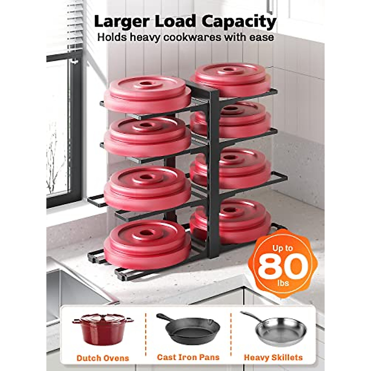 MUDEELA Pan Organizer Rack for Cabinet with 3 DIY Methods and 8-Tier Adjustable Heavy Duty Pan Organizer Rack for Cabinet Bundle