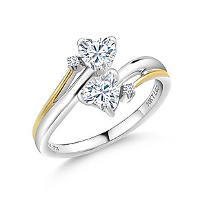 925 Silver and 10K Yellow Gold Heart Shape White Moissanite and White Lab Grown Diamond 2 Tone 2 Heart Promise Couple Women Engagement Mother Ring (0.86 Cttw, Available In Size 5, 6, 7, 8, 9)