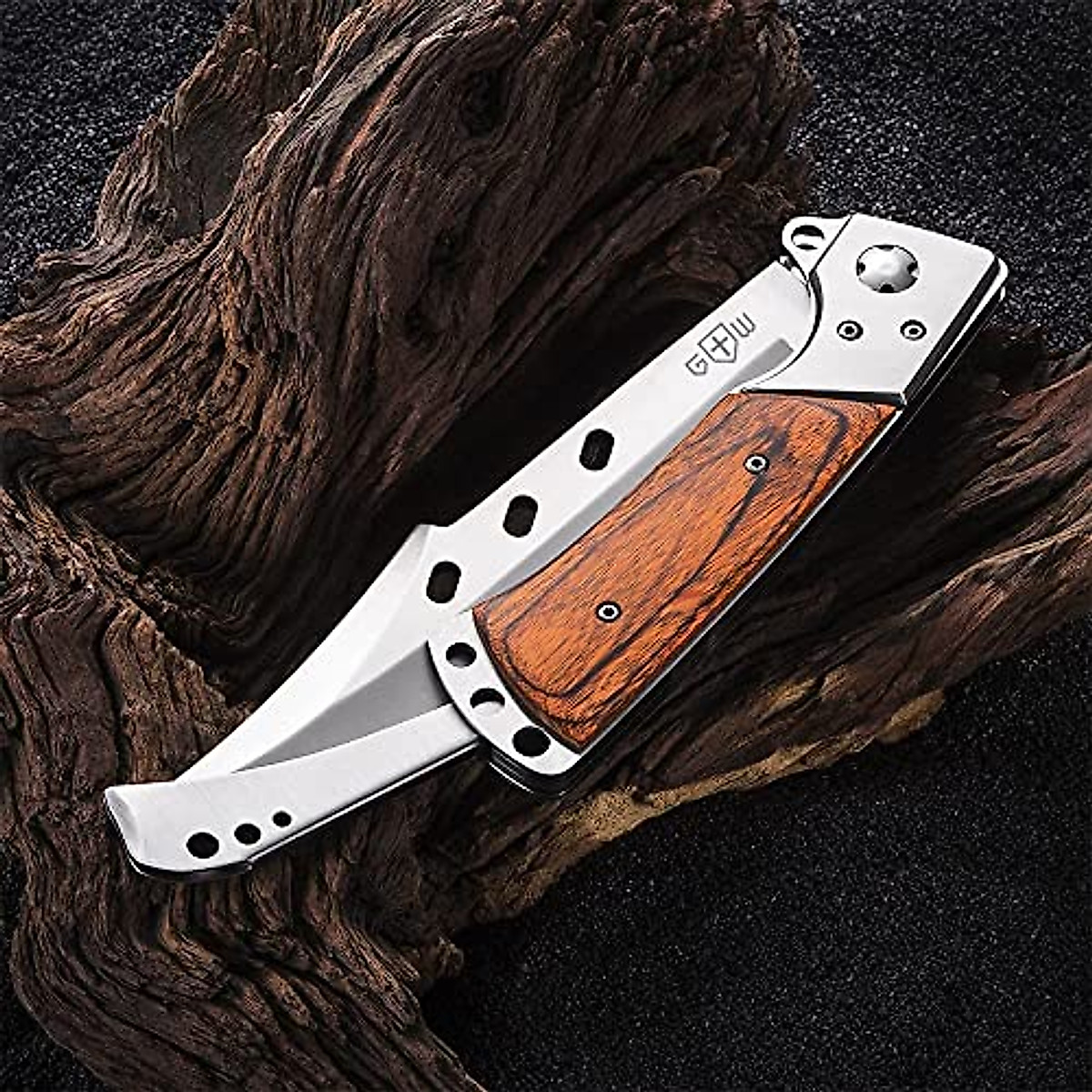 Grand Way Bundle of 2 Items Hunting Folding Knife with Rosewood Handle - Tactical EDC Pocket Knife - Foldable Long Blade Pocket Knife - Mini Multitool Knife 12 in 1 - Best Gear Accessory - Gifts