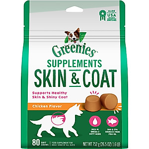 Greenies Skin & Coat Food Supplements with Omega 3 Fatty Acids Chicken- Flavor Soft Chews for Adult Dogs, Count of 80, 1.66 LB