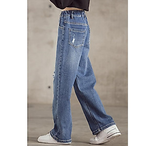 Rolanko Girls Skinny Ripped Jeans Mid-Rise Elastic Wide Leg Baggy Denim Pants for 4-14 Years (Blue Hole, 12-14)