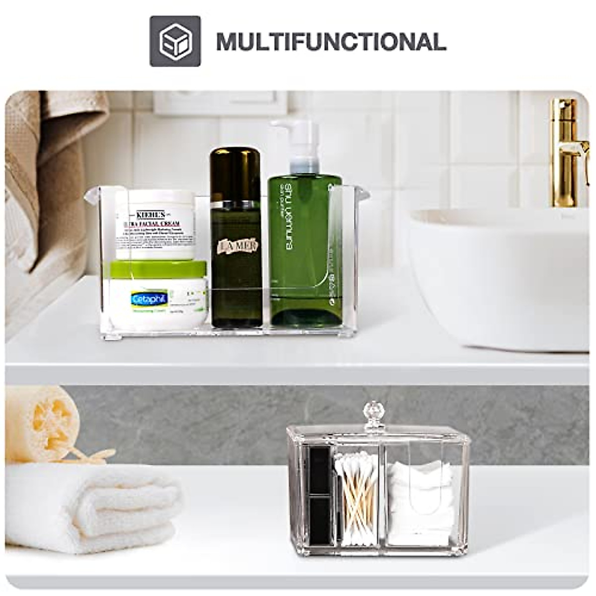 Lolalet (2 Pack) Qtip Holder Dispenser Makeup Organizer for Cotton Ball, Cotton Swab, Cotton Round Pads, Floss, Clear Plastic Bathroom Canister Storage Beauty Product Organization