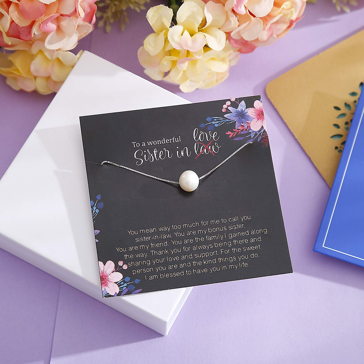 ALoveSoul Sister in Law Necklace - Sterling Silver Single Pearl Necklaces for Women, Best Sister in Law Gifts, Bride Gift Birthday Gift