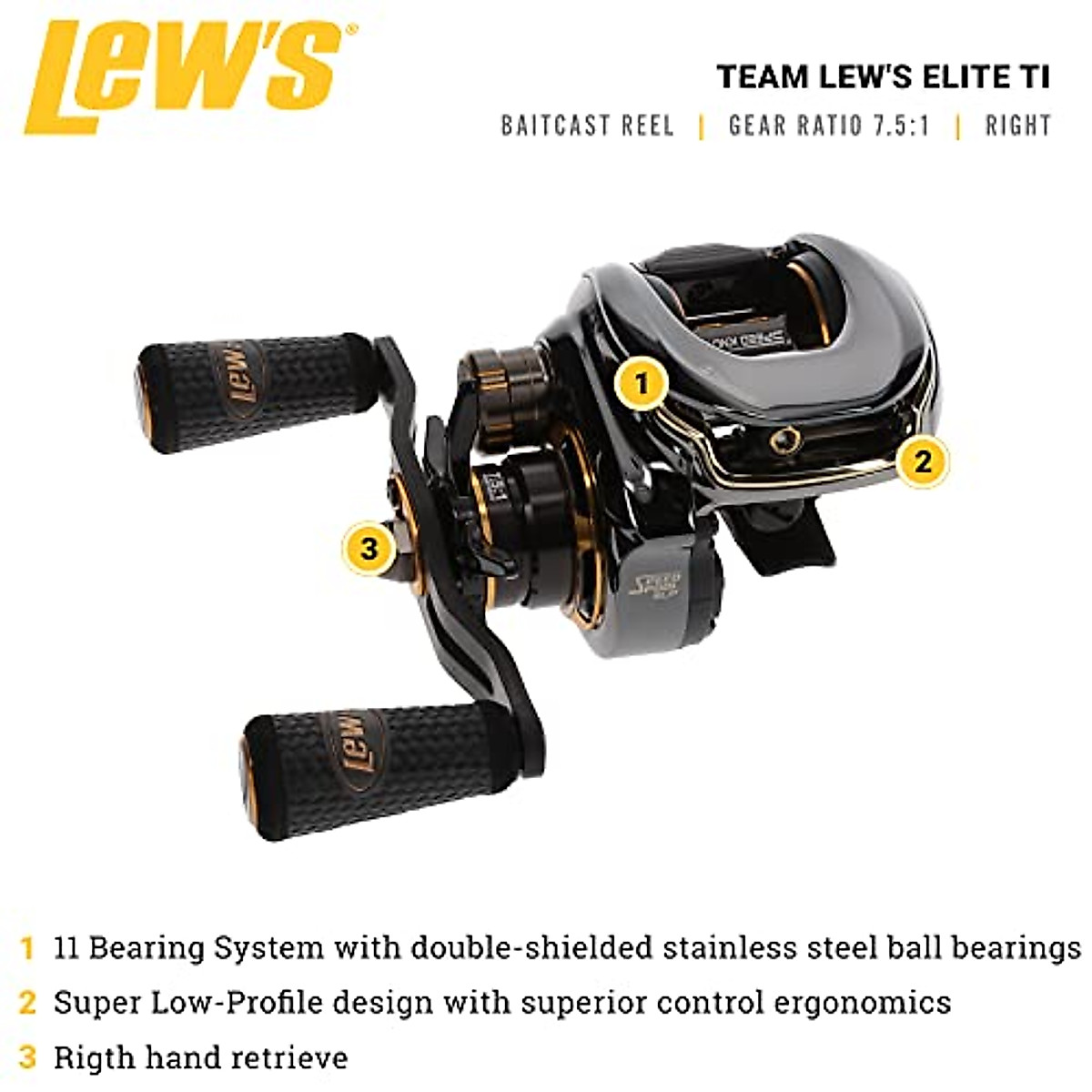 Lew's Team Elite-Ti Baitcast Reel, 10+1 Stainless Steel Ball Bearings, 7.5:1 Gear Ratio, Right-Hand Retrieve, Titanium Gray/Gold