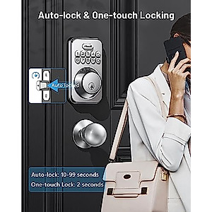 Keyless Entry Door Lock with 2 Knobs, Zowill DK01K Keypad Door Lock with Handle, Front Door Lock Set, Auto Lock, One-Touch Lock, One Time Code, IP54 Waterproof, Easy Installation - Satin Nickel