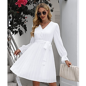 Kenaque Womens Long Sleeve V Neck Dresses for Wedding Guest Ruffle Lantern Sleeve Pleated Mini Dress with Belt Off-White