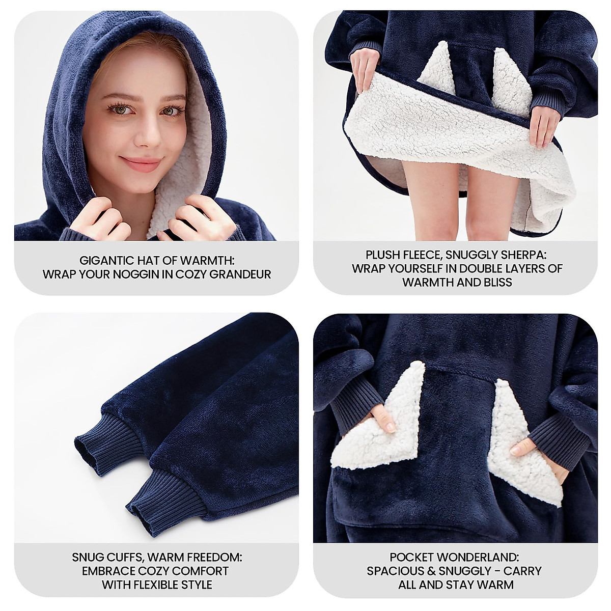 Touchat Wearable Blanket Hoodie, Oversized Sherpa Blanket Sweatshirt with Hood Pocket and Sleeves, Super Soft Warm Comfy Plush Hooded Blanket for Adult Women Men, One Size Fits All (NavyBlue)