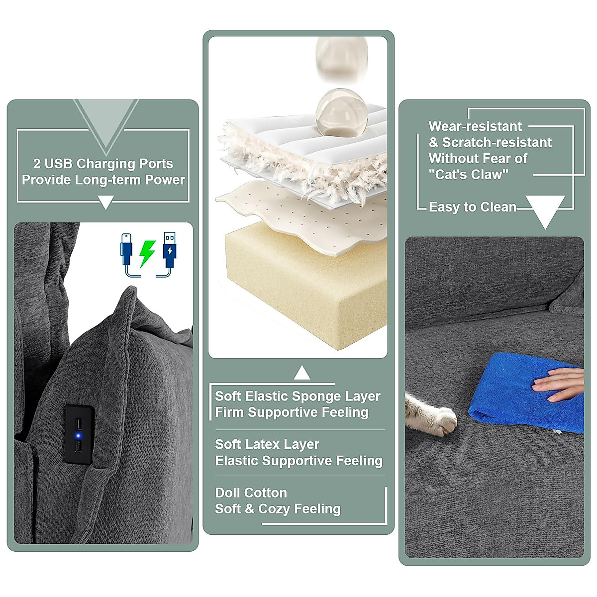 STHOUYN 85” 3 Seat Grey Couch with 2 USB, Modern Comfy Couch Sofa, Large Couches Sofas for Living Room Office, Deep Seat & Low Profile, Chenille Sofa (Grey)