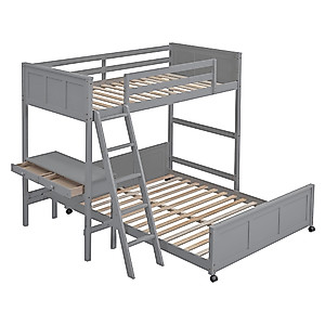 Twin Over Full Loft Bed with Desk and Storage Drawers, Wood Bunk Loft Bunk Bed for Kids, Can Be Separated into A Full Bed Frame and A Twin Size Loft Bed for Girls Boys Teens, Gray