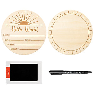 R HORSE Baby Birth Announcement Sign with Marker Pen, Wooden Baby Birth Sign with Ink Pad for Baby Hand and Footprints, Double-sided Boho Sun Newborn Announcement Sign for Baby Shower Keepsakes