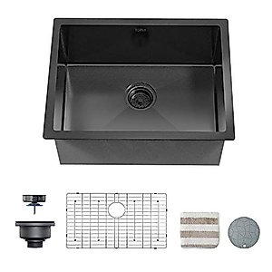 TORVA 25 x 18 Inch Gloss Black Ceramic Coating with NanoTek Undermount Kitchen Sink, PVD Coated Gunmetal Sink,16 Gauge Stainless Steel Wet Bar or Prep Sinks Single Bowl, Dark Gray
