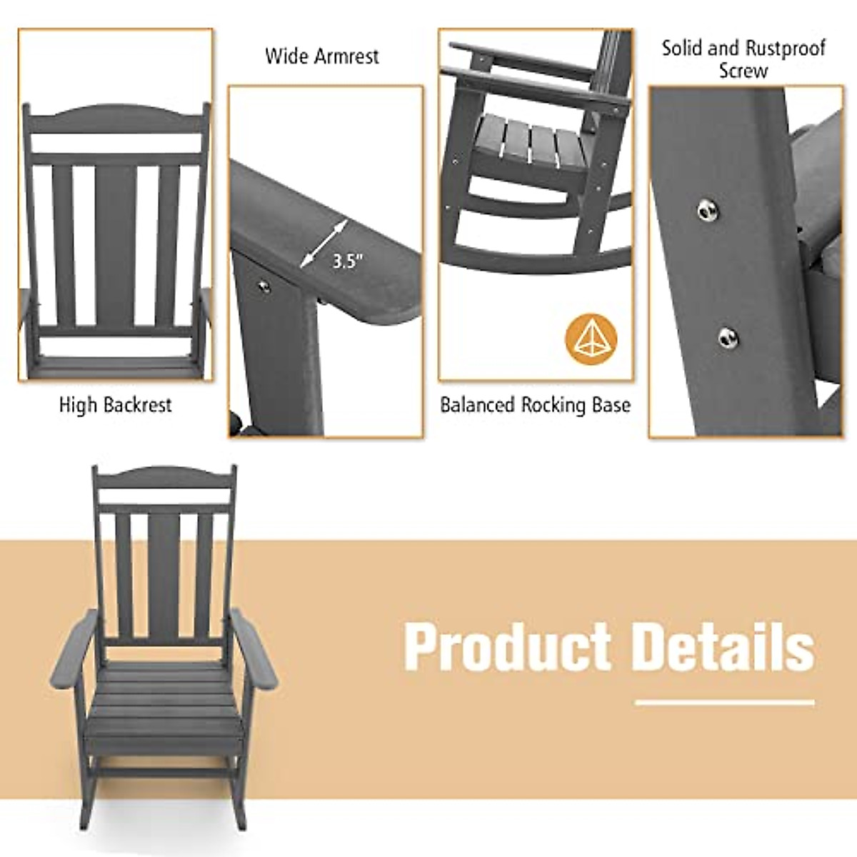Giantex Patio Rocking Chair - All-Weather HDPE Porch Rocker Chair W/Slatted High Back, Outdoor & Indoor Rocker for Garden, Poolside, Courtyard, 330 lbs Load Capacity (1, Grey)