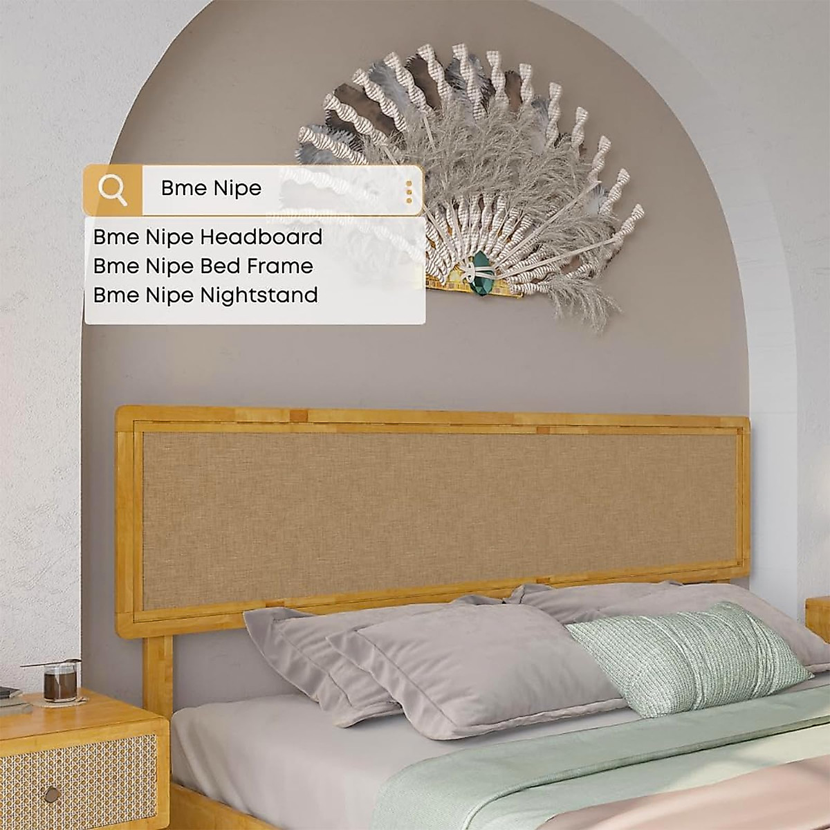 Bme Nipe King 14 Inch Bohemian Bed Frame with Adjustable Woven Headboard - Rustic & Vintage Unique Style with Rubber Wood - No Box Spring Needed - Easy Assembly - Natural