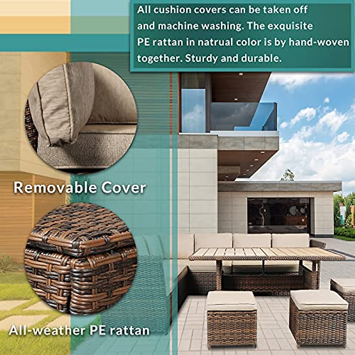 MEETWARM 7 Pieces Wicker Patio Furniture Set Outdoor Conversation Set All Weather Rattan Sectional Sofa Couch Garden Dining Table Chair Set with Ottoman (Brown)