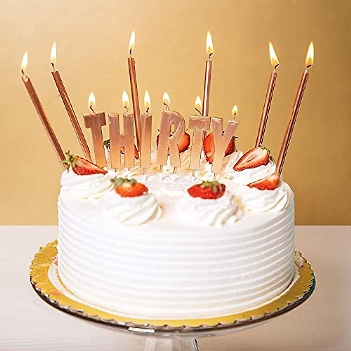 Cake Topper 30th Birthday with Thin Candles in Holders (Rose Gold, 30 Pack)