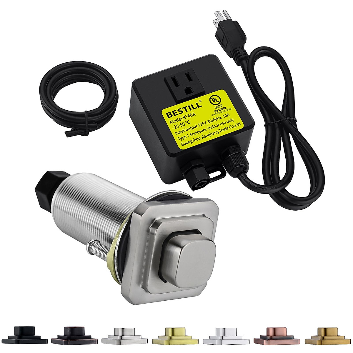 BESTILL Garbage Disposal Air Switch Kit with Single Outlet, UL Listed(E530042), Sink Top Long Push Button for Waste Disposer, Square Brass Cover, Brushed Nickel