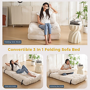 MAXYOYO Folding Sofa Bed, Convertible Sleeper Chair with Pillow Foldable Mattress with Back Support, Portable Fold Out Sofa Couch Fuzzy Fabric Comfy Floor Sofa Lounge for Living Room Apartment, Beige