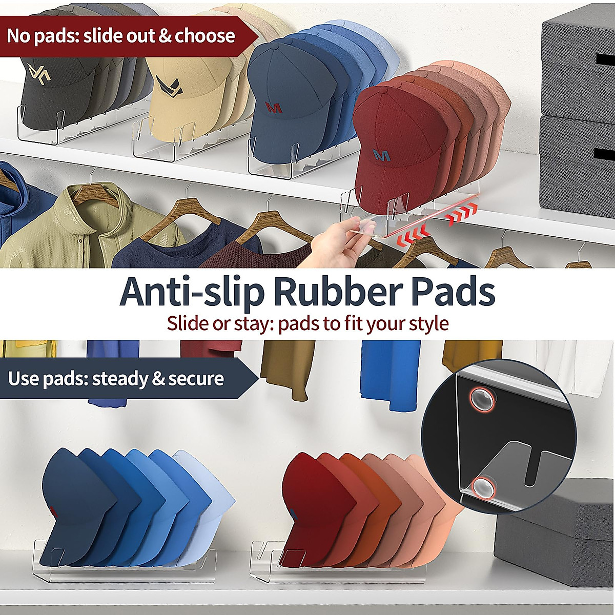 GoMaihe Hat Organizer for Baseball Caps: 2-pack Acrylic Hat Display Stand for Closet - Clear Cap Storage Holder for Ball Cap, Golf Cap, Trucker Hat - Install-free | Easy Grab | Minimalist