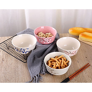 VanEnjoy Set of 4 Japanese Style Ceramic Rice Bowl,4 Assorted Color Cherry Blossoms Among Snow Flake Pattern Bowls Set