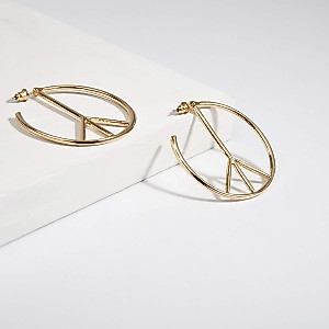 Peace Sign Symbol Geometric Stud Earrings Jewelry Minimalist Big Round Hoop Statement Earrings for Women (Gold)