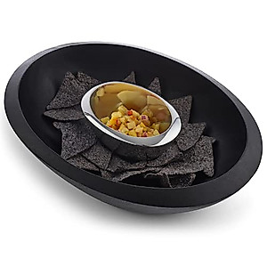 Nambe - Noir Collection Dark Stained Acacia Wood Chip & Dip Serving Bowl with Nambe Alloy Dip Bowl - Measures at 16" x 11" - Made with Acacia Wood and Nambe Alloy - Designed by Steve Cozzolino