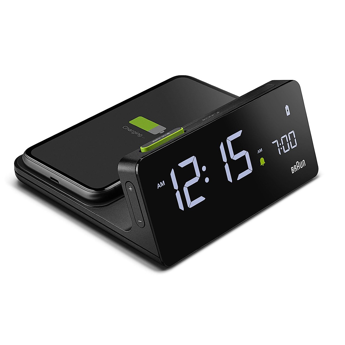 Braun Digital Alarm Clock with VA LCD Display, 10W Qi Wireless Fast-Charging Pad, Automatic Backlight Adjustment, Quick Set, Beep Alarm in Black, Model BC21B.