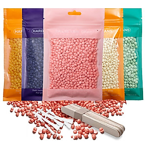 Hard Wax Beans 1.1lbs with 5 Packs,Waxfans Wax Beads for Hair Removal,Waxing Beans for Women and Men,at Home Waxing for Full Body，Include 10 Waxing Applicators and 5 Nose Waxing Sticks