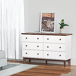 JOZZBY 6-Drawer Double Dresser with Wide Drawers,White Dresser for Bedroom, Wood Storage Chest of Drawers for Living Room Hallway Entryway