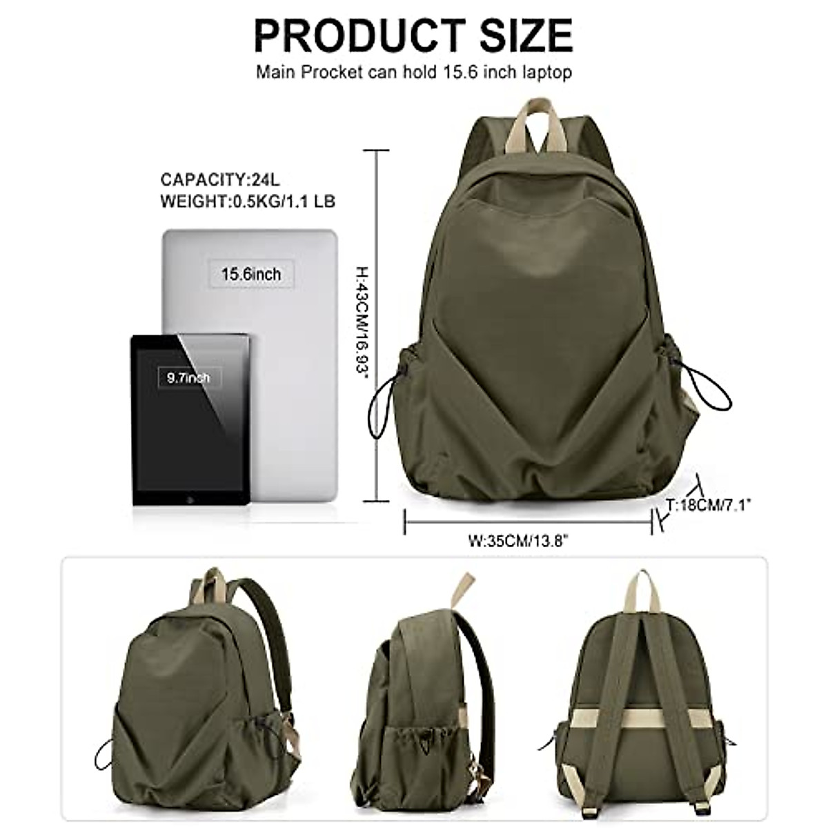 weradar Simple Backpacks For High School,Basic Travel Rucksack Backpack For Women Men,Lightweight Casual Daypack Laptop Bookbag,Aesthetic College Backpack For Teens Girls Boys(Green)