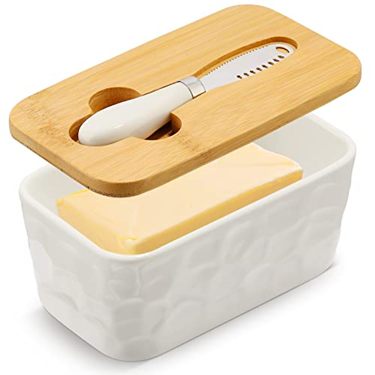 Ceramic Butter Dish with Lid and Knife, Porcelain Butter Container for Countertop, Butter Holder Keeper Double Silicone Seals, Perfect for West or East Coast Butter