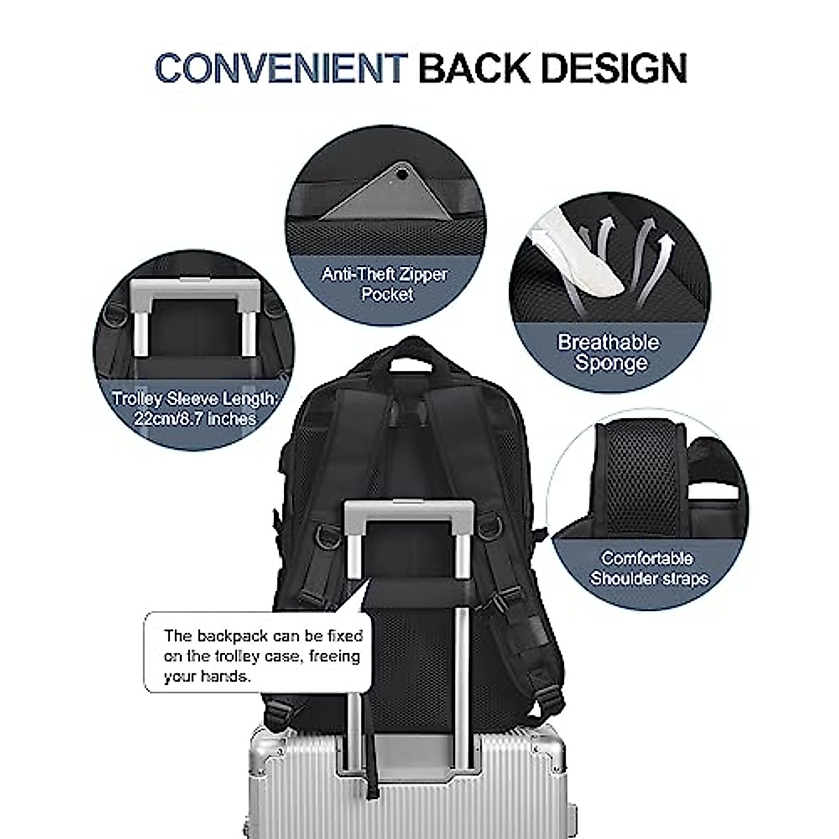 Travel Laptop Carry on Backpack for Women Men, Airline Flight Approved Waterproof 14 Inch Laptop Backpack, Casual Daypack College Personal item Bag Rucksack with USB Charging Port for Business, Black