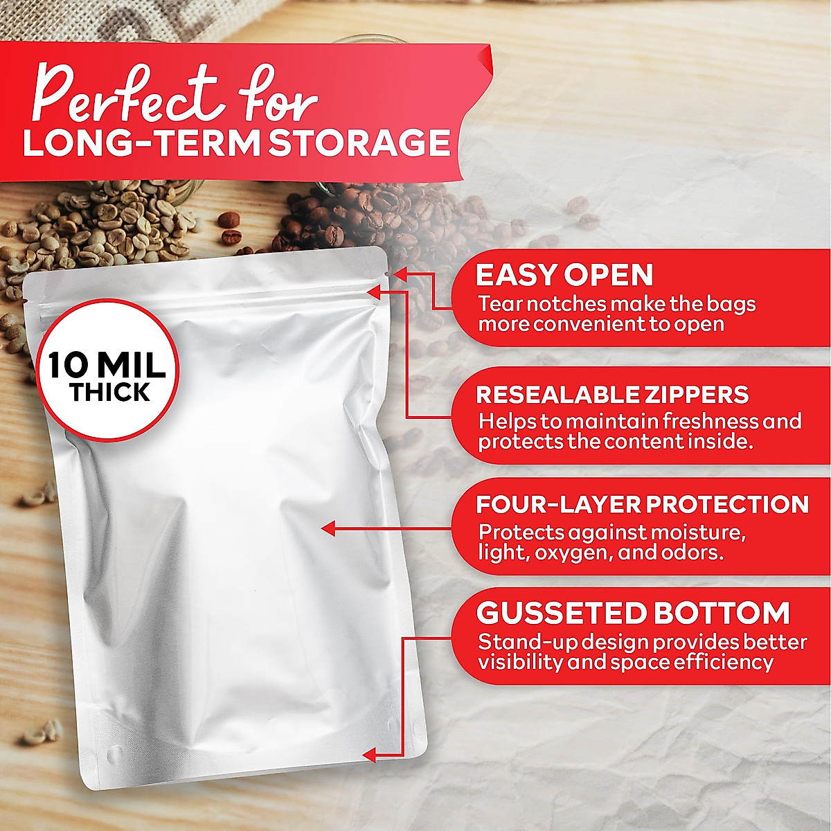 XFasten Resealable Mylar Bags for Food Storage with 112 Labels 1 Quart 7" x 10" (100-Pack) Resealable Bags for Small Business Resealable Mylar Bag for Food Preservation, Sealable Bags for Packaging