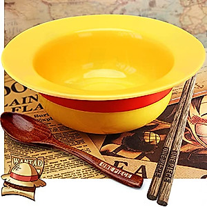shiningsoul 3 PCS ONEPIECE Luffy Straw Hat Ramen Bowl Set Anime (Straw Hat Ceramic Bowl + Wooden spoon + Chopsticks) Dishwasher & Microwave Safe - Good Gift for Anime Fans