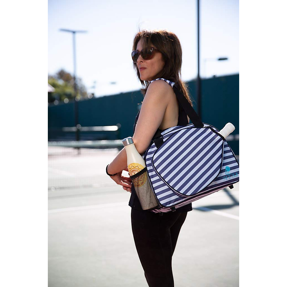 Pik’le’Ball Women's Pickleball Sport Tote Bag - Stylish, Durable Design with Paddle Pocket, Stylish Stripe Blue