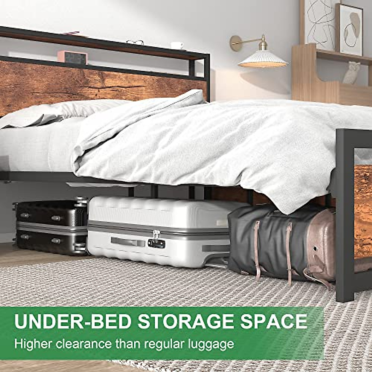 Osfvolr Full Size Bed Frame, Industrial Metal Platform Bed Frame with 2 Tier Storage Wooden Headboard and Footboard, Large Under Bed Storage, No Box Spring Needed, Easy Assembly, Vintage Brown