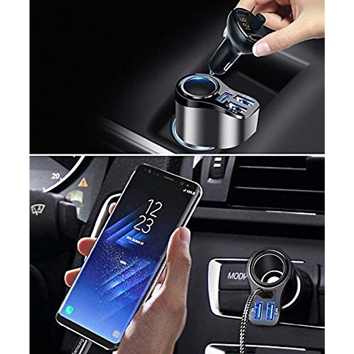4 in 1 USB C Car Charger, 48W Multi USB Cigarette Lighter Adapter, Socket Splitter with 3 USB Ports, 12V/24V Dual USB Type C PD Fast Car Charger Adapter for iPhone 14/13/12/11,iPad,Samsung,LG,GPS